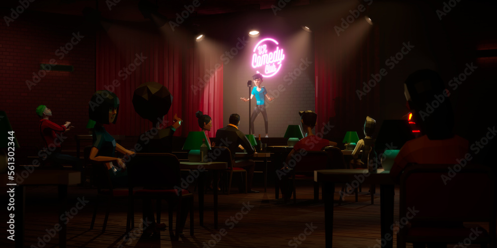 People playing as avatars watching live comedian performing stand-up ...