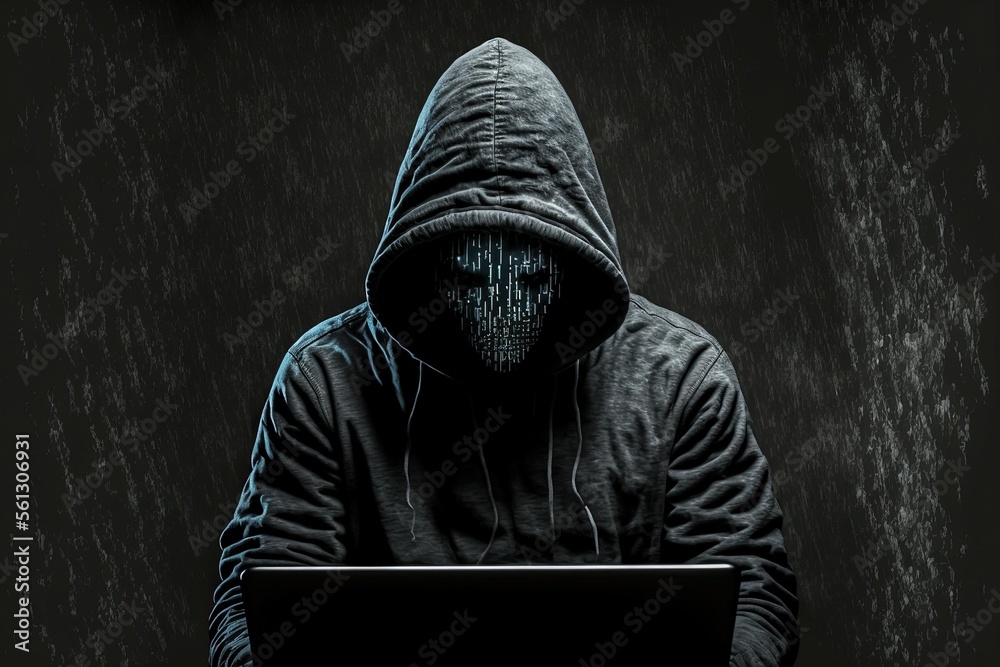 Anonymous Hacker. A hooded computer hacker sits in a dark room. Stock Illustration | Adobe Stock
