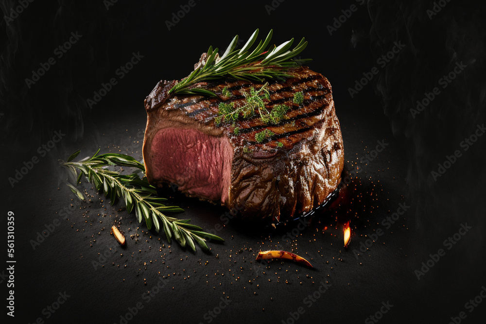 Yummy beef grill steak on a table in a dark black background with fire ...