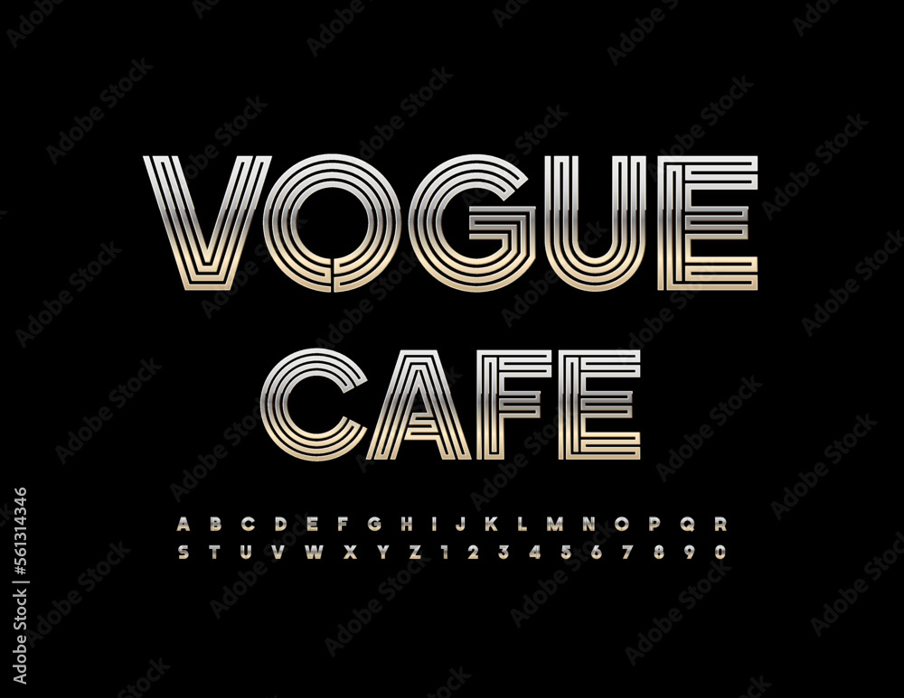 Vector silver Emblem Vogue Cafe. Stylish metallic Font. Moden set of ...