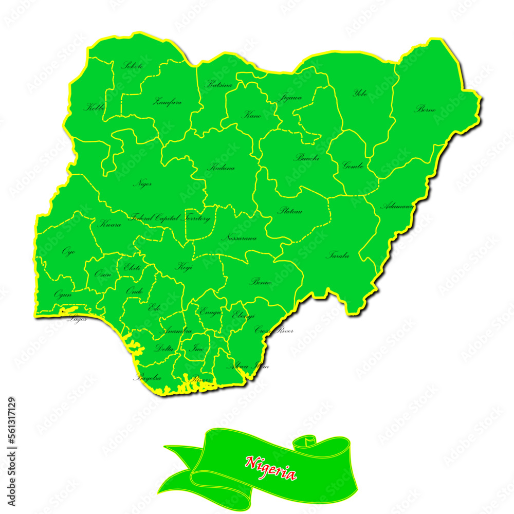 Vector map of Nigeria with subregions in green country name in red ...