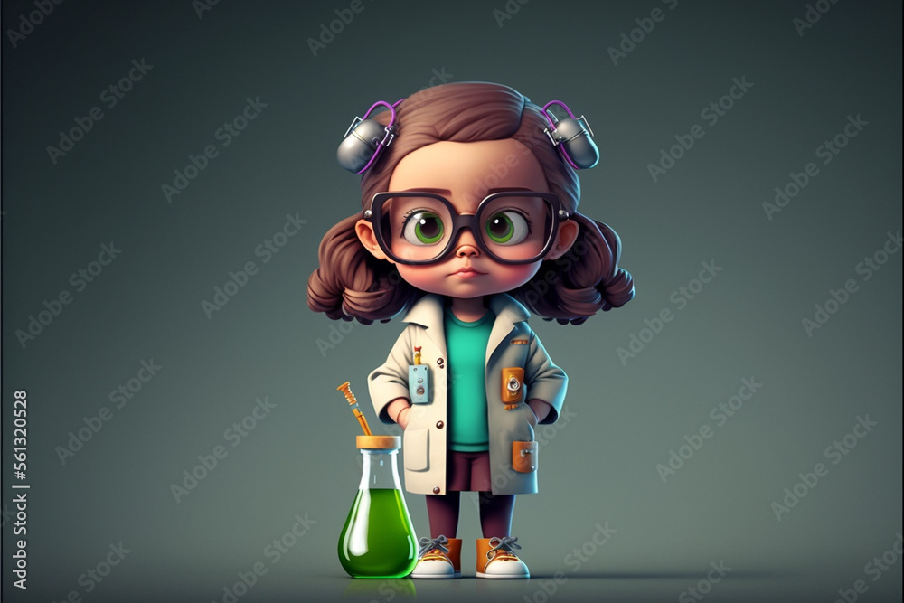 Young girl scientist with glasses, female student holding a lab flask ...