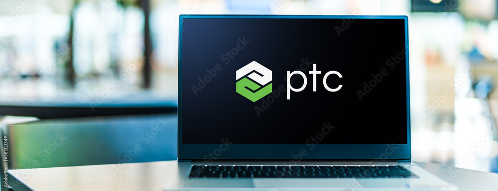 Laptop computer displaying logo of PTC Stock Photo | Adobe Stock