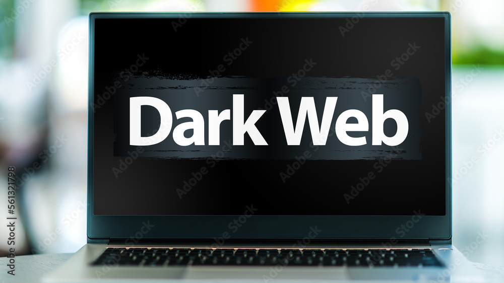 Laptop computer displaying the warning sign of the dark web Stock Photo ...