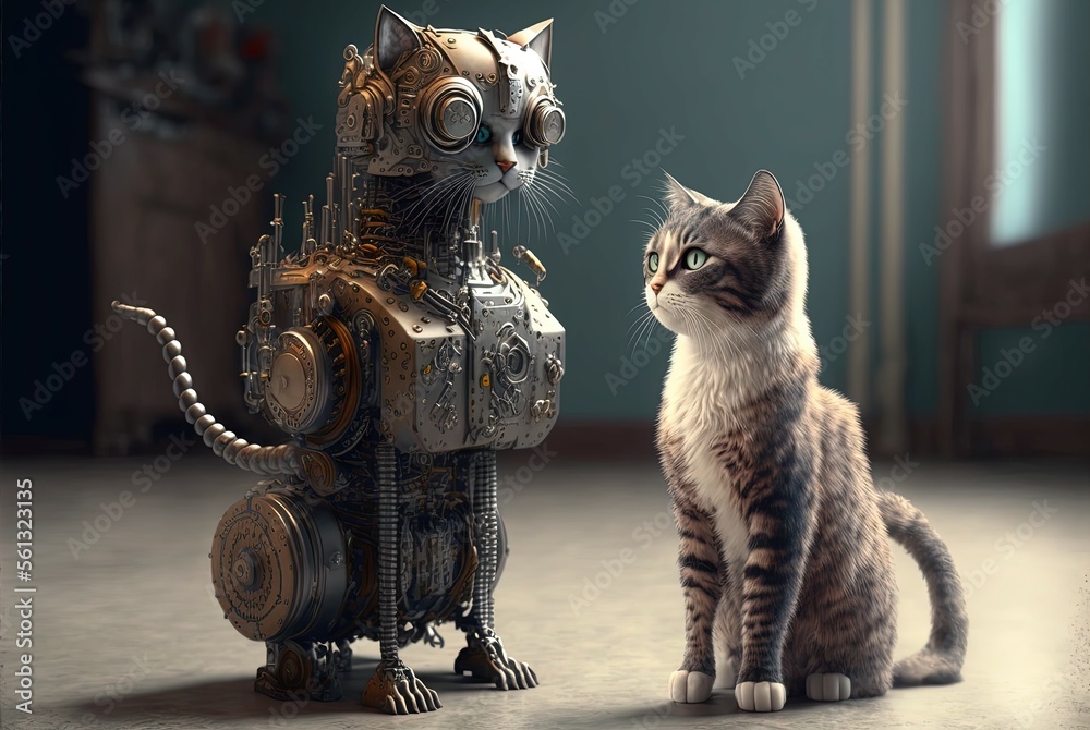 Futuristic robot cat and real cat, mechanical robot pet, generative ai ...