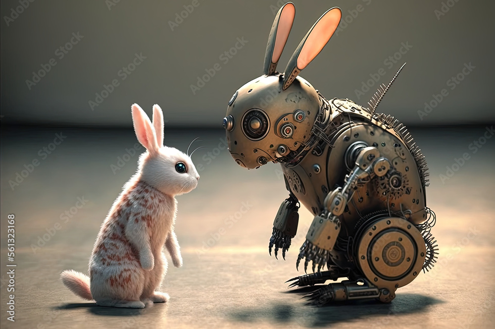 Futuristic robot bunny and real bunny, mechanical robot pet, generative ai, electronic animal ...