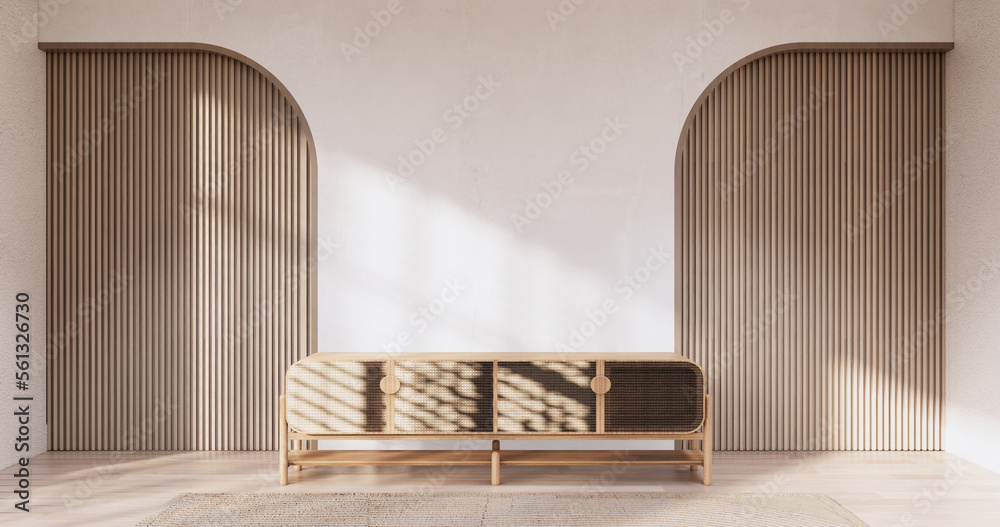 Cabinet wooden japandi design on living room muji style empty wall ...