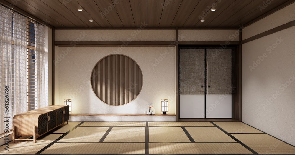 Cabinet wooden japandi design on living room muji style empty wall ...