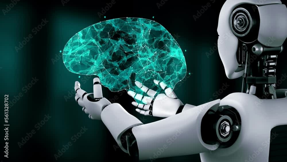 AI hominoid robot holding virtual hologram screen showing concept of AI ...