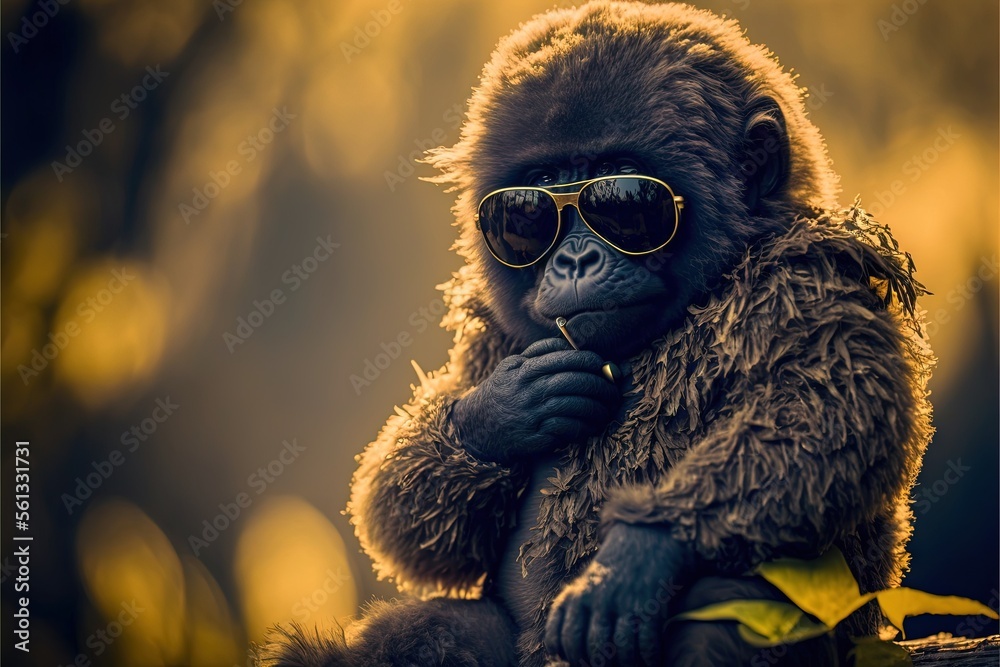 a monkey with sunglasses on sitting on a tree branch with a leaf in his ...