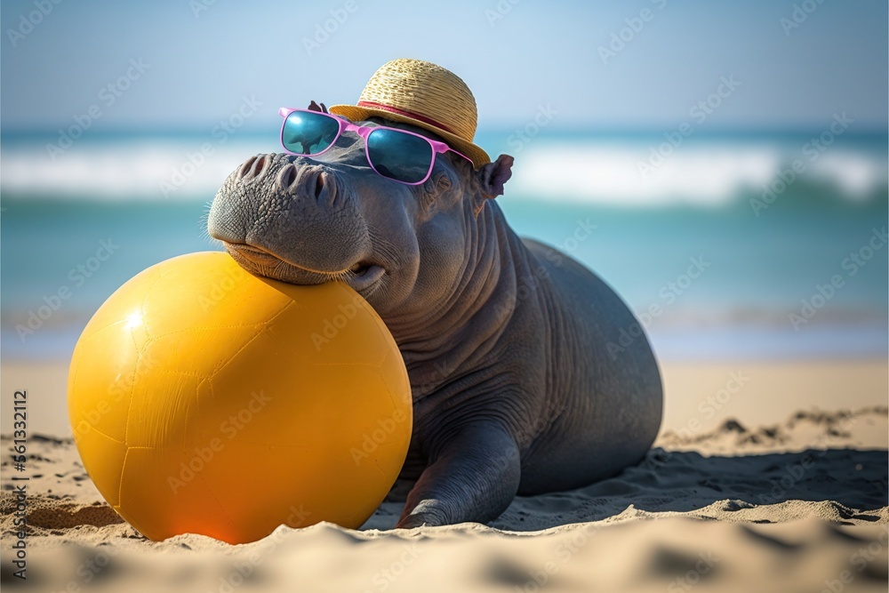 a hippo laying on the beach with a ball in its mouth and wearing a hat ...