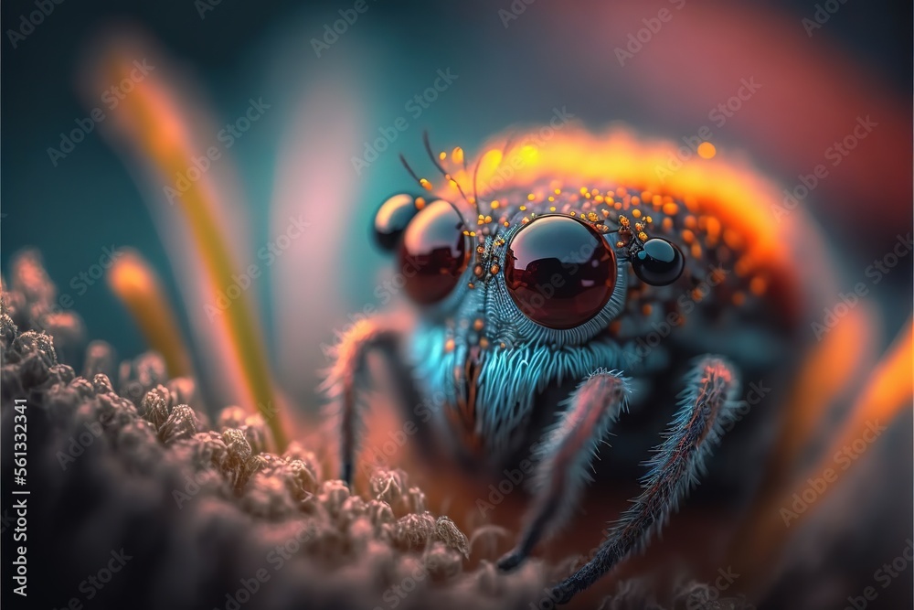 a close up of a spider with a red eye and yellow tail and legs, with a ...