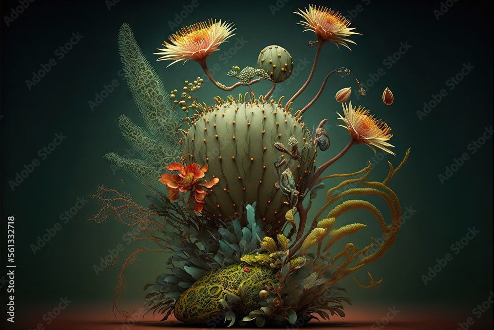 a cactus with flowers and plants growing out of it's topiary, on a dark ...