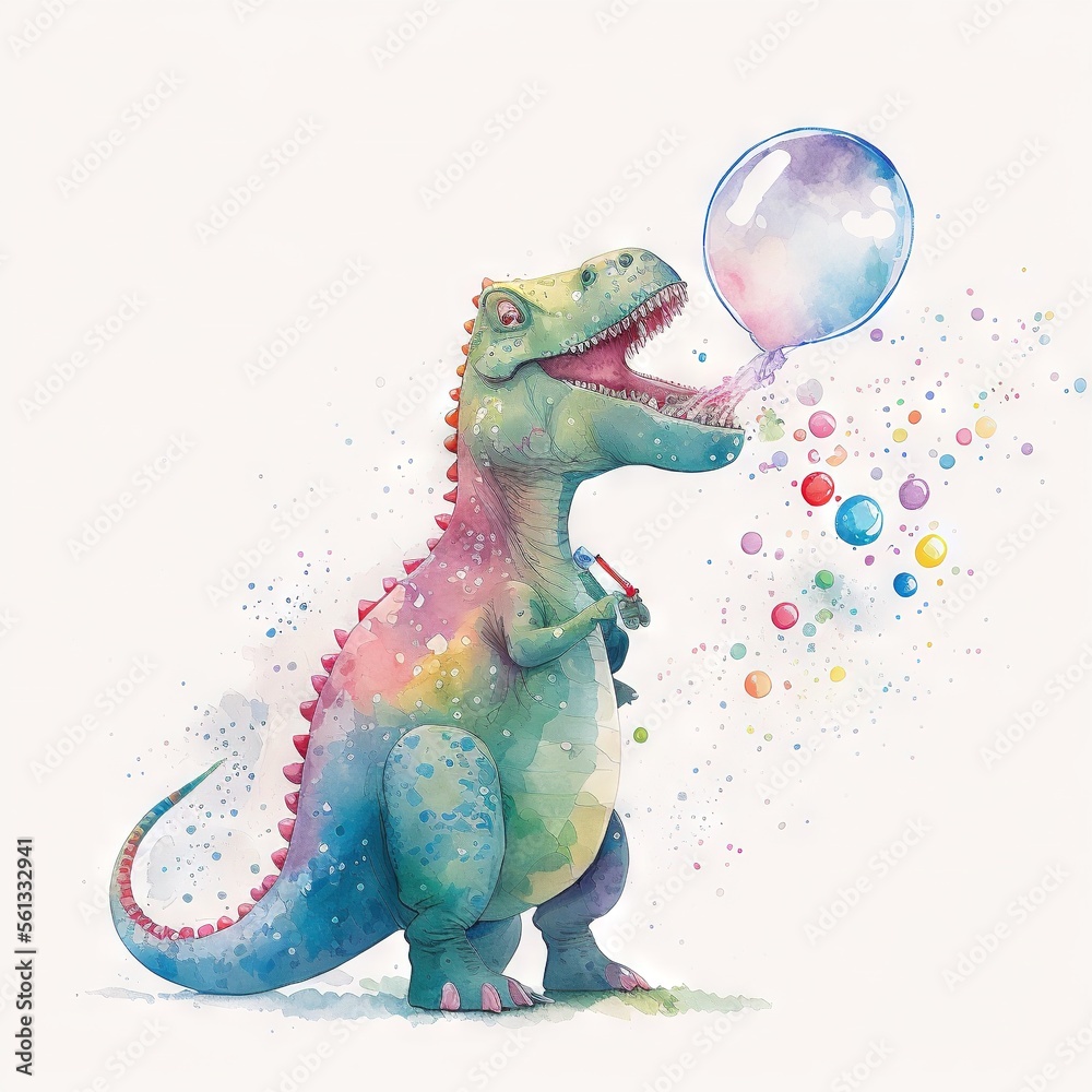 a dinosaur holding a bubble filled balloon in its mouth and blowing it ...