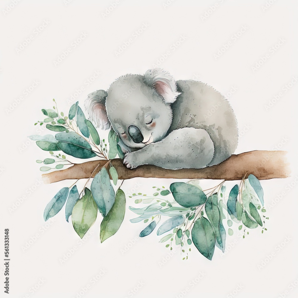 a watercolor painting of a koala sleeping on a branch with leaves ...