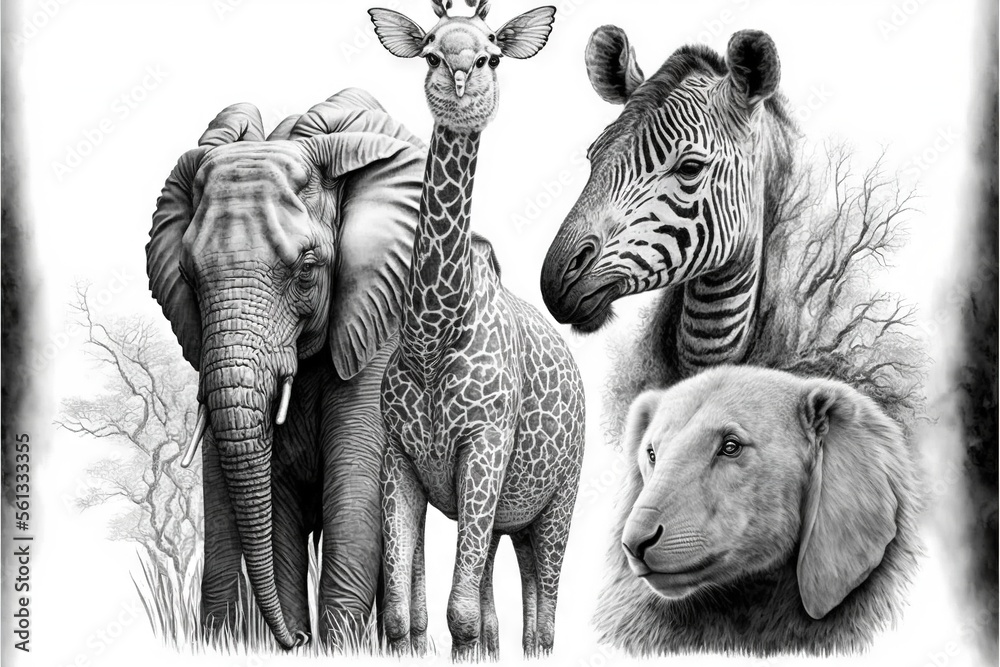 ภาพประกอบสต็อก a drawing of a group of animals standing next to each ...