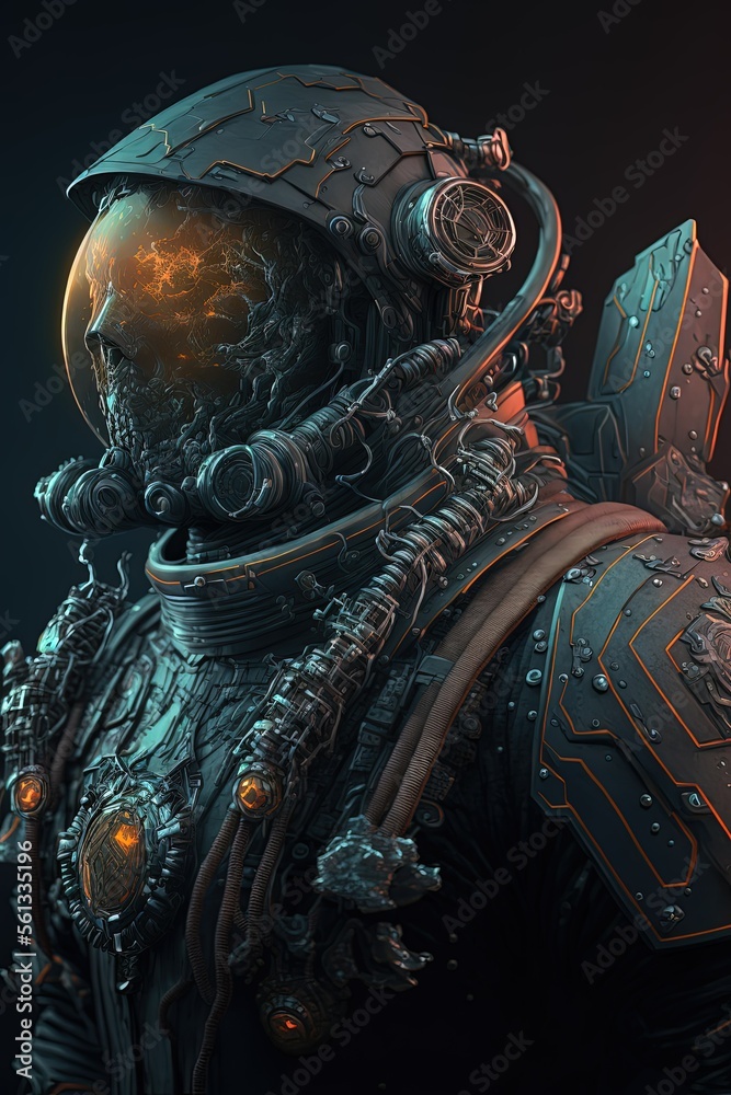 Cyberpunk space pirate soldier in space protective armour suit ...