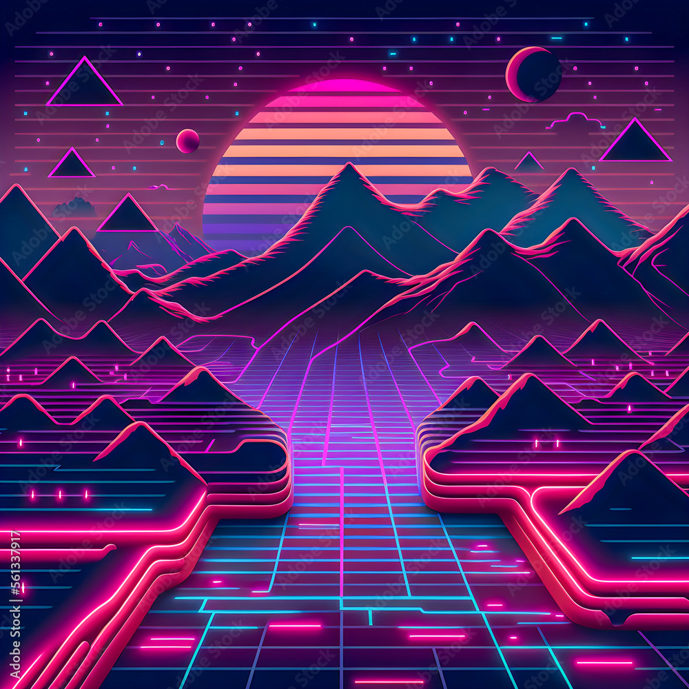 ภาพประกอบสต็อก Retrowave pattern, 80s and 90s style background ...