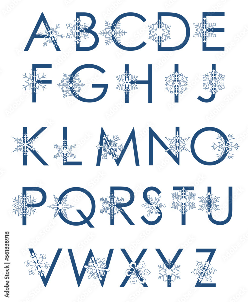 Winter alphabet: a set of letters from A to Z. Winter font. Snowflake ...