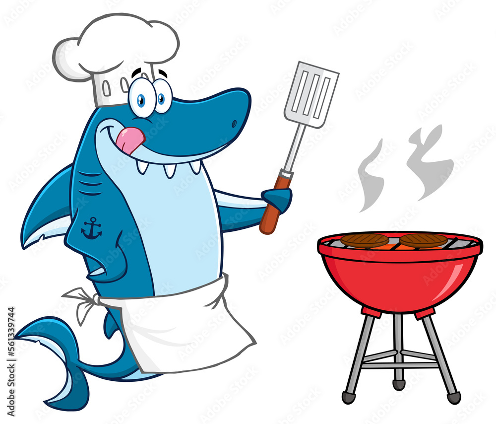 Chef Blue Shark Cartoon Mascot Character Licking His Lips And Holding A ...