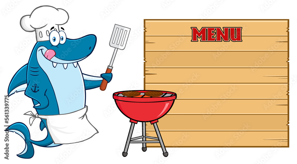 Chef Blue Shark Cartoon Mascot Character Licking His Lips And Holding A ...