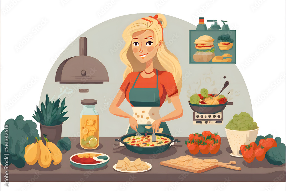 Woman cooking food from a recipe kit, following recipe and cooking in ...