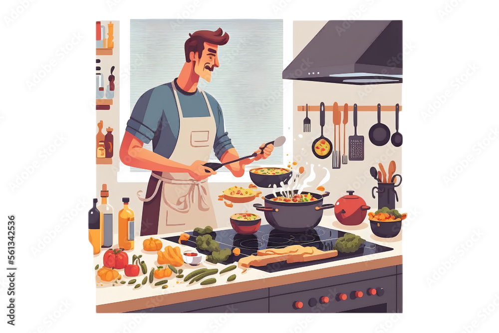 Man cooking food from a recipe kit, following recipe and cooking in ...