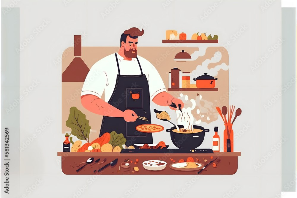 Man cooking food from a recipe kit, following recipe and cooking in ...