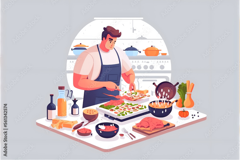 Man cooking food from a recipe kit, following recipe and cooking in ...