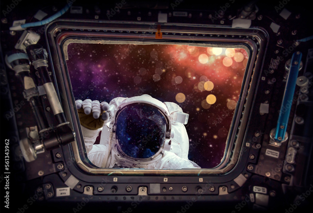 View from a spaceship window with an astronaut knocking starry bokeh ...