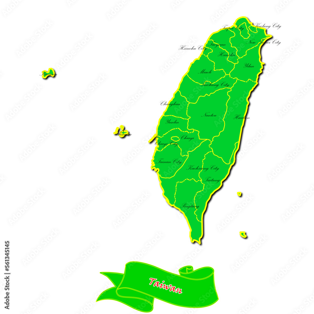 Vector map of Taiwan with subregions in green country name in red Stock ...