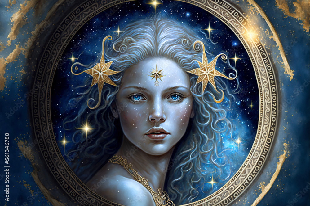 Zodiac sign of Virgo, fictional beautiful woman with magic starry sky ...