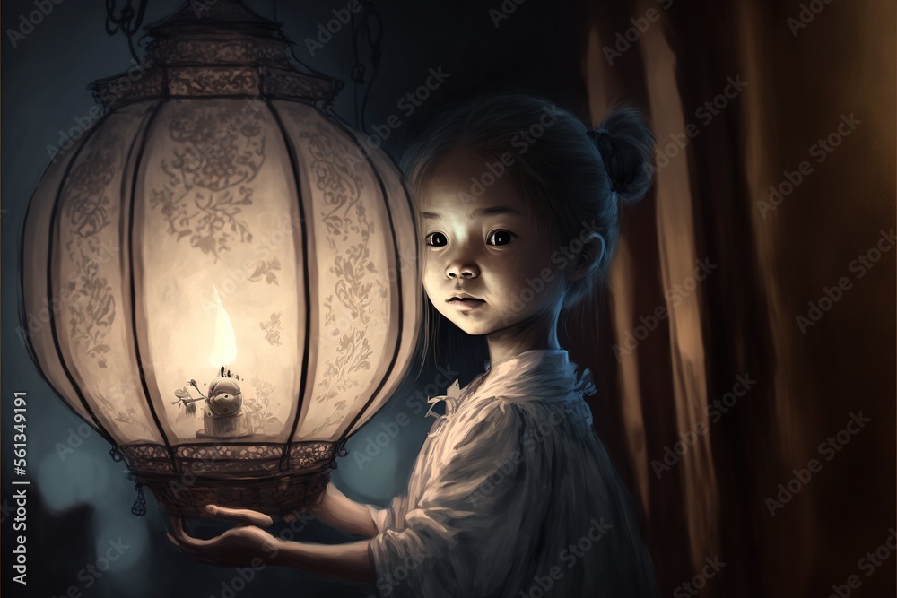 Girl standing near the ghost in a moody cave. Girl hold a round lantern ...