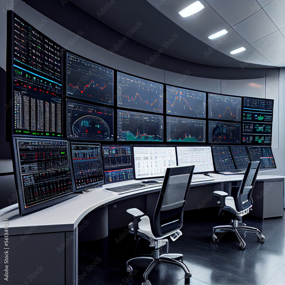 Control room, group of large screens showing charts and numbers, stock ...
