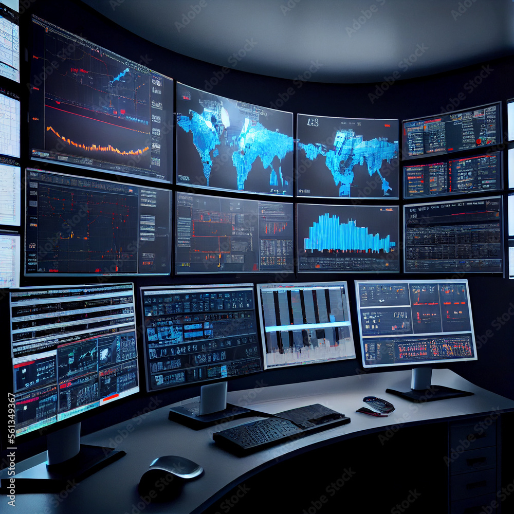 Control room, group of large screens showing charts and numbers, stock ...