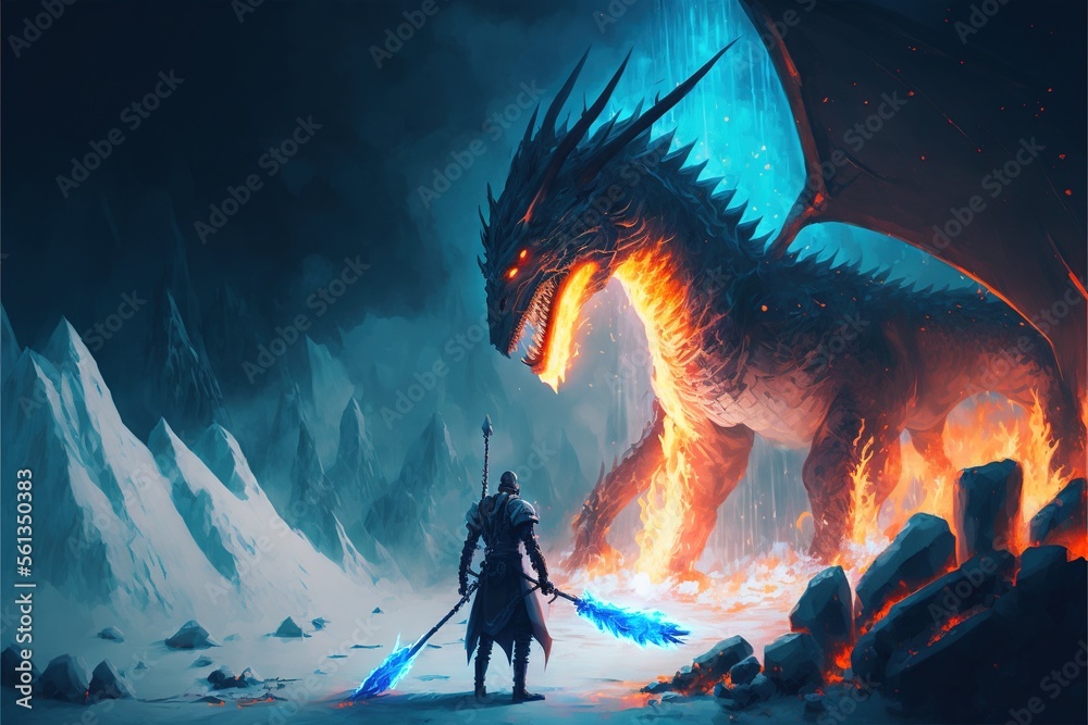 Dark knight warrior in the battle with giant fire dragon. Knight with ...