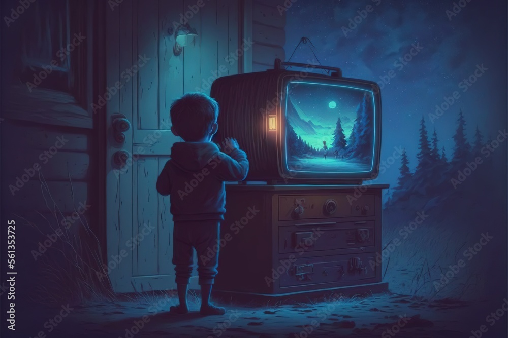 Child watching glowing and sparks coming out from television. Night ...