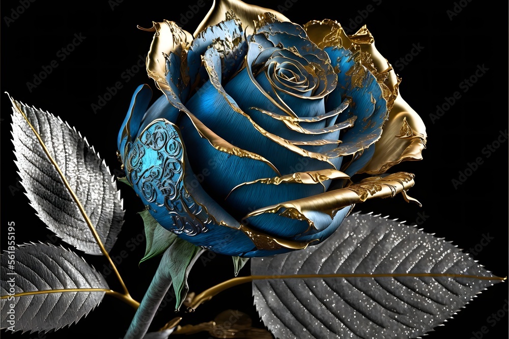 A blue rose with intricate gold & silver detailing, a luxurious ...