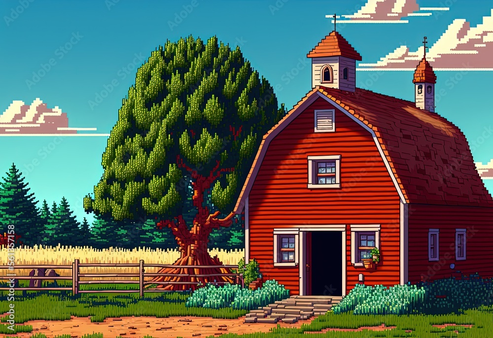 Pixel art of farm with barn, silo, fence and trees, background in retro ...