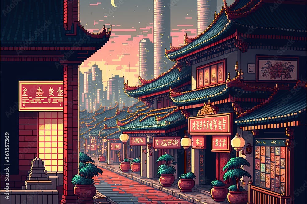 Pixel art chinese street with temples, lamps and trees, chinese new ...