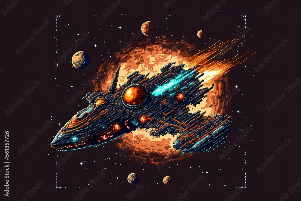 Pixel art of spaceship flying over planets, background in retro style ...
