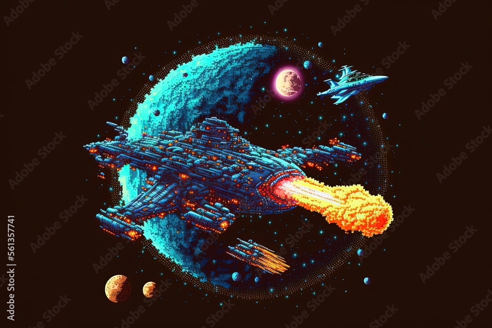 Pixel art of spaceship flying over planets, background in retro style ...