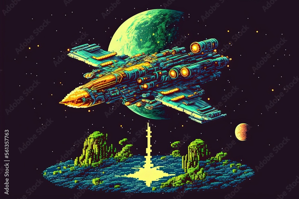 Pixel art of spaceship flying over planets, background in retro style ...