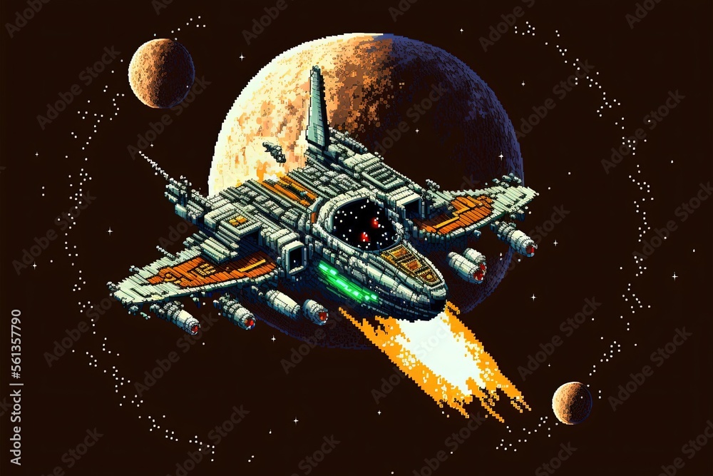 Pixel art of spaceship flying over planets, background in retro style ...