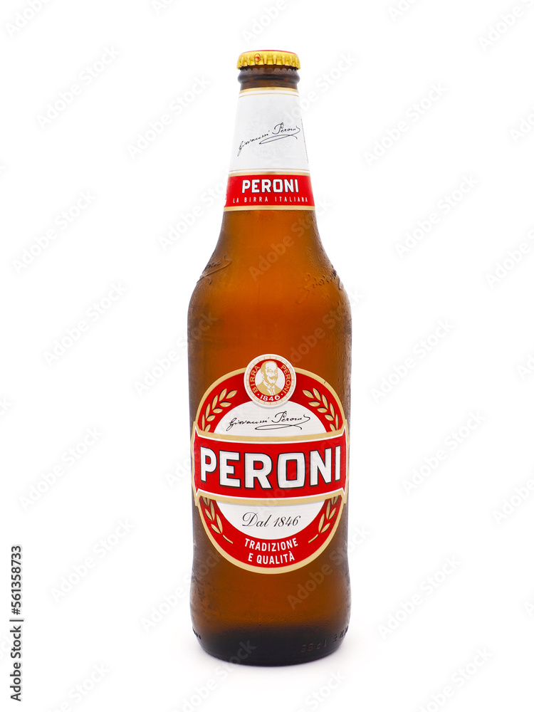 ROME, ITALY - JANUARY 14, 2023. Bottle of Peroni beer isolated on white ...
