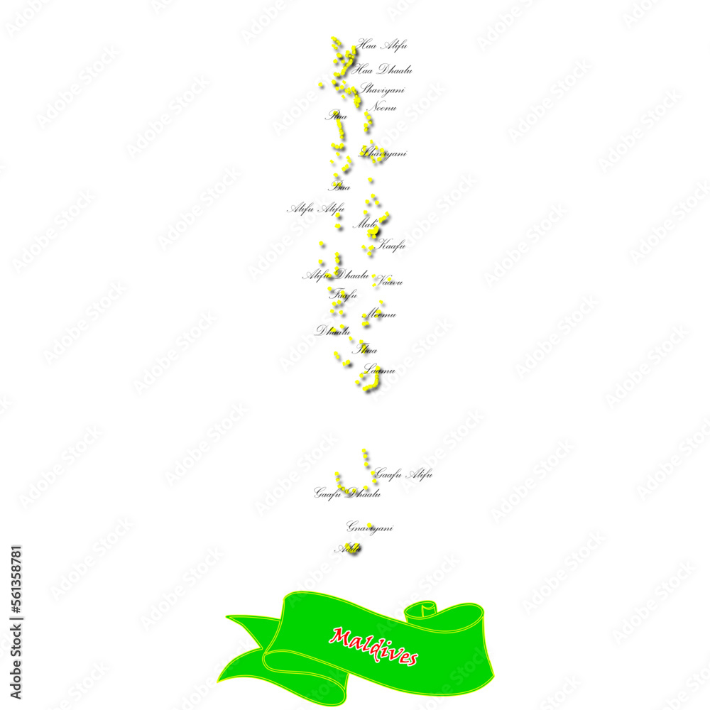Vector map of Maldives with subregions in green country name in red ...