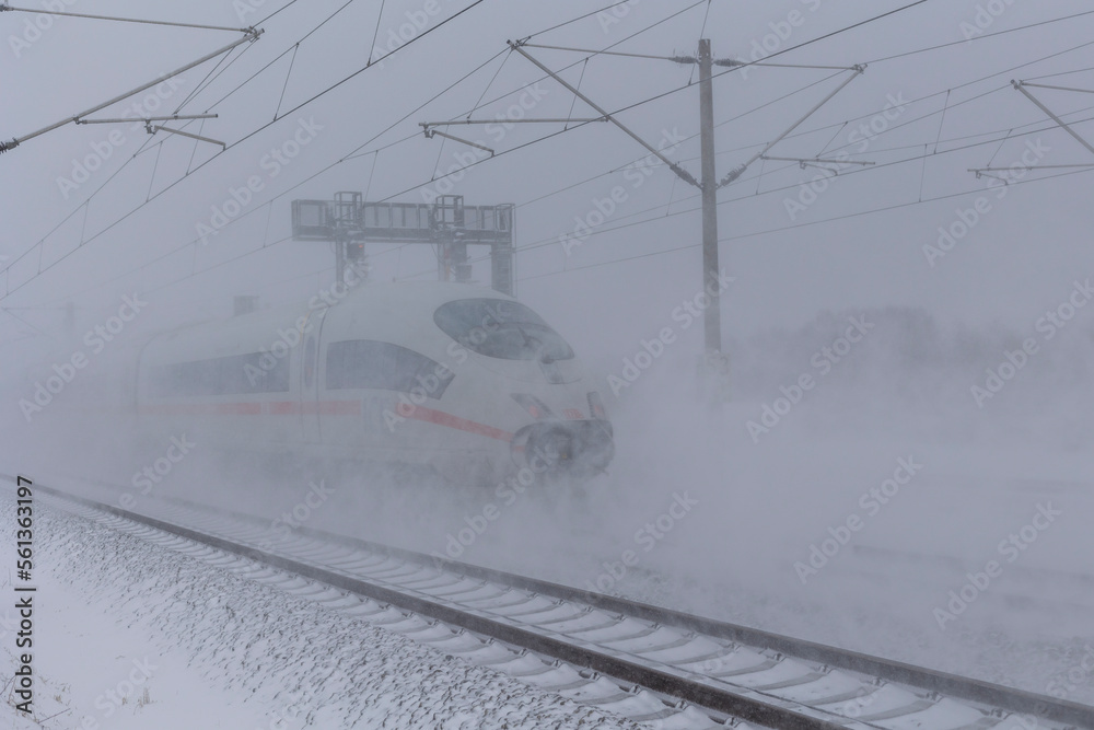 Bavaria, Germany, December 2022, ICE, german train drives through a ...