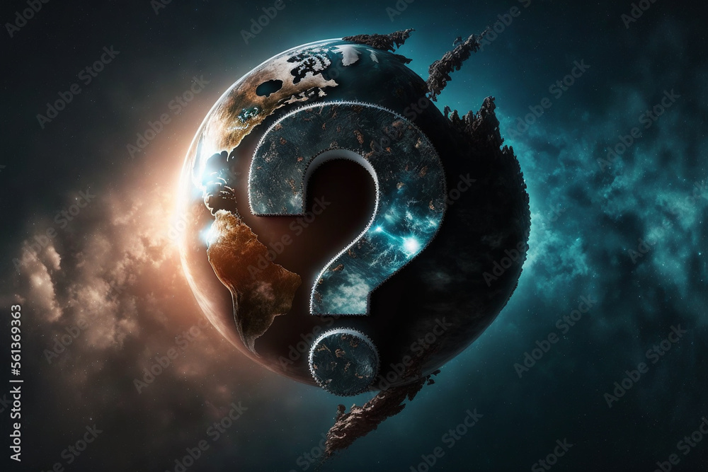 question mark against the background of the collapsing planet earth ...