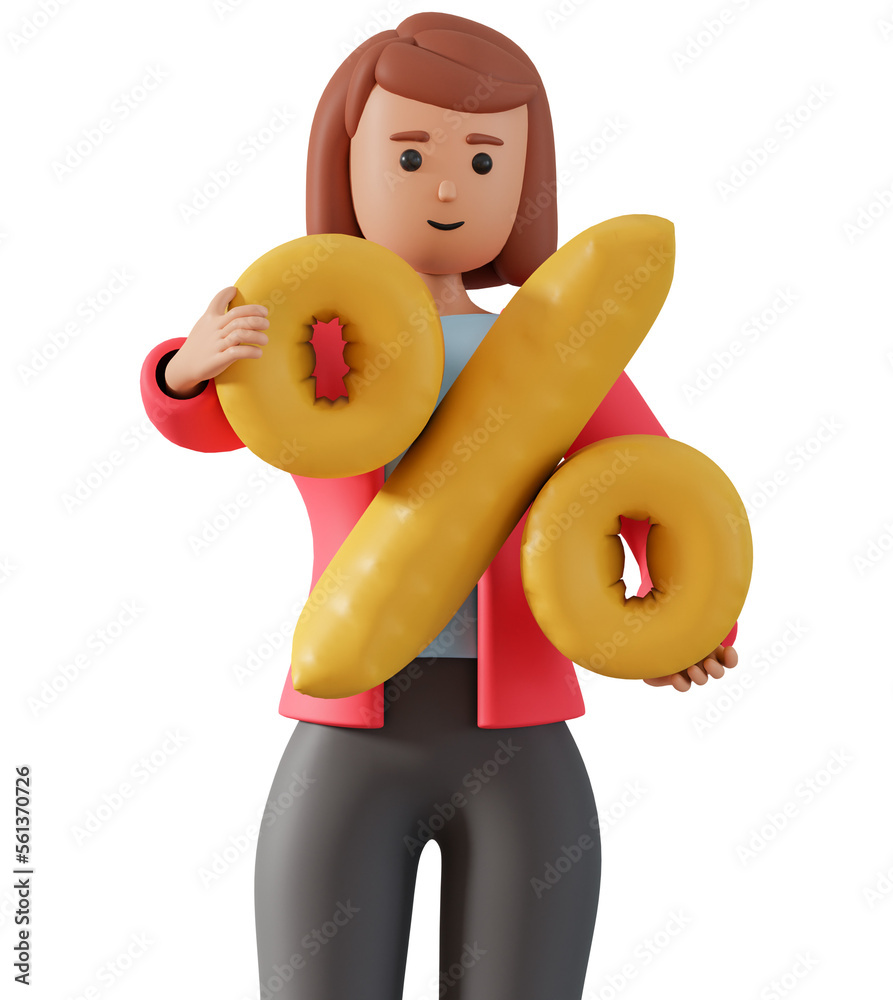 3d illustration with woman character holding percent sign isolated on ...