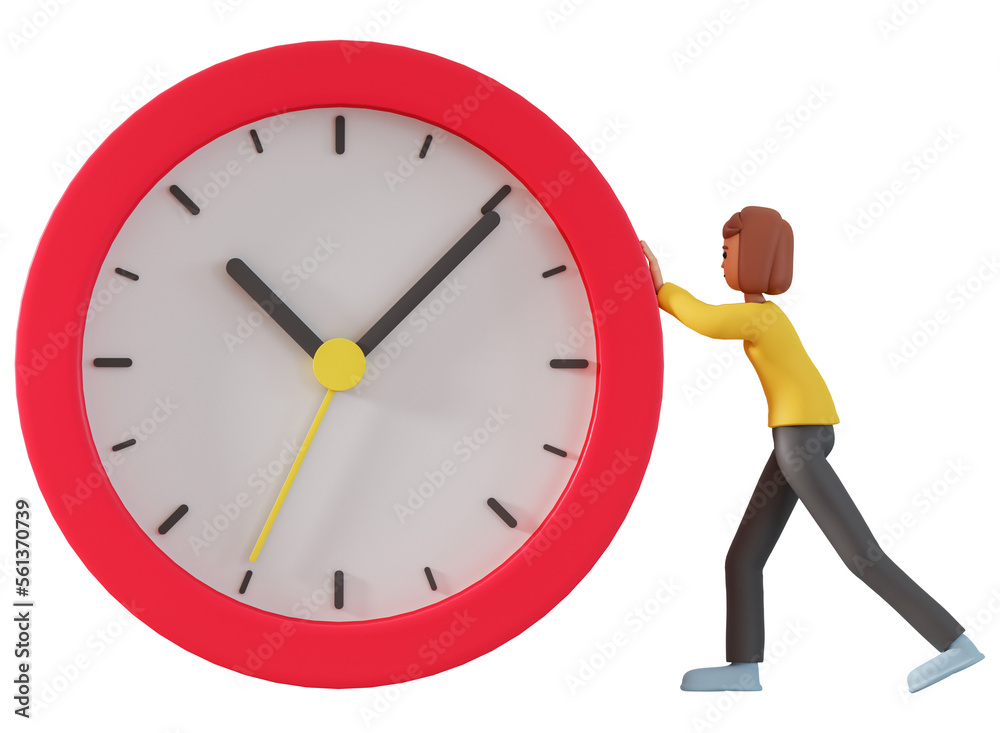 3d illustration of woman pushing giant clock isolated on white ...